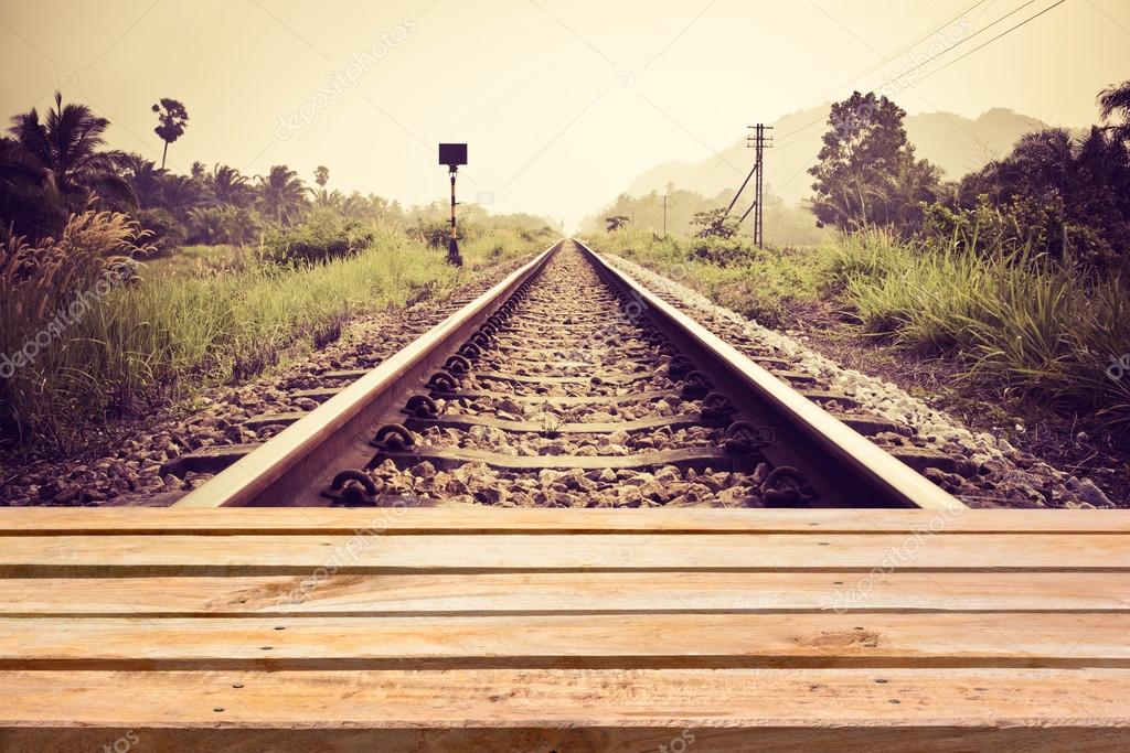 Empty wooden deck table on vintage railroad — Stock Photo © chaiyon021 ...