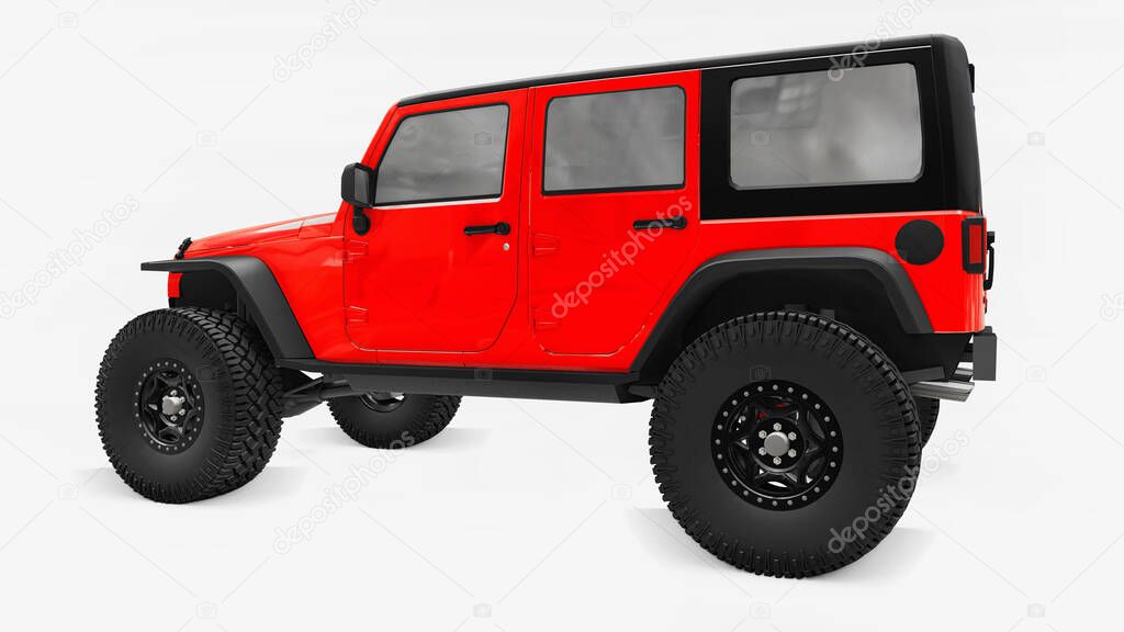 Potente SUV sintonizado rojo para expediciones en montañas, pantanos ...