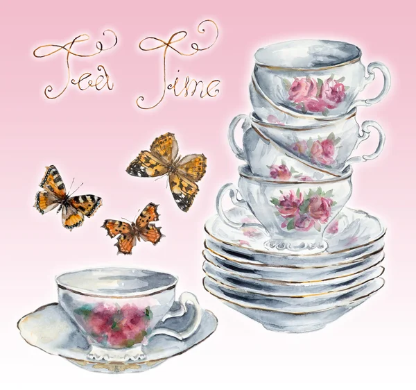 Tea Garden. Tea time card. Butterflies. — Stock Photo © budogosh #56324393