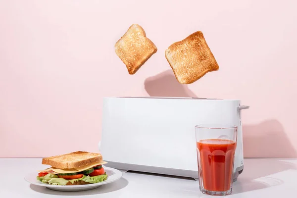 Toasted Bread Flew Out White Toaster Glass Orange Juice Bowl Stock ...