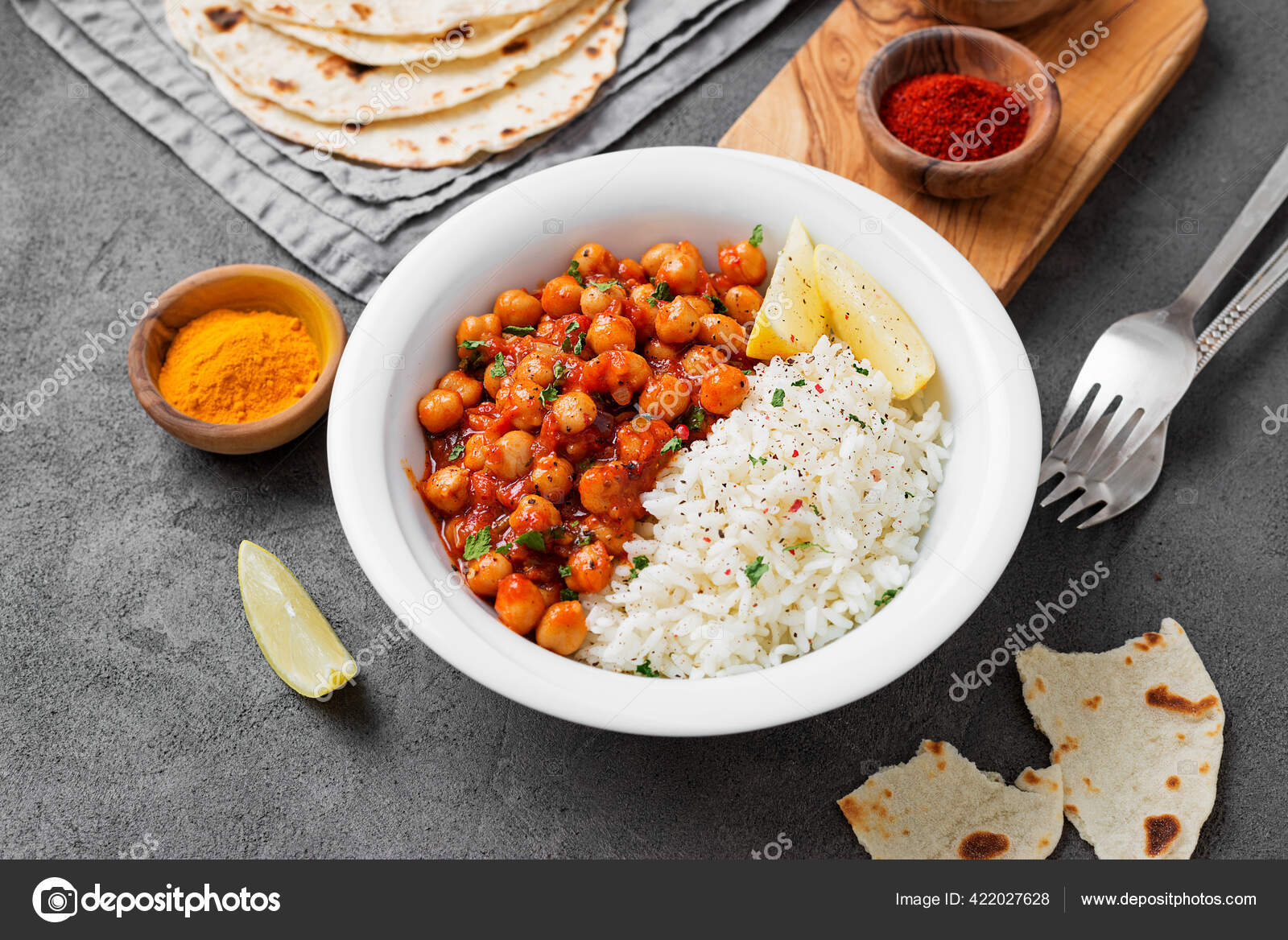Traditional Indian Dish Chickpea Chana Masala Rice Flatbread — Stock ...
