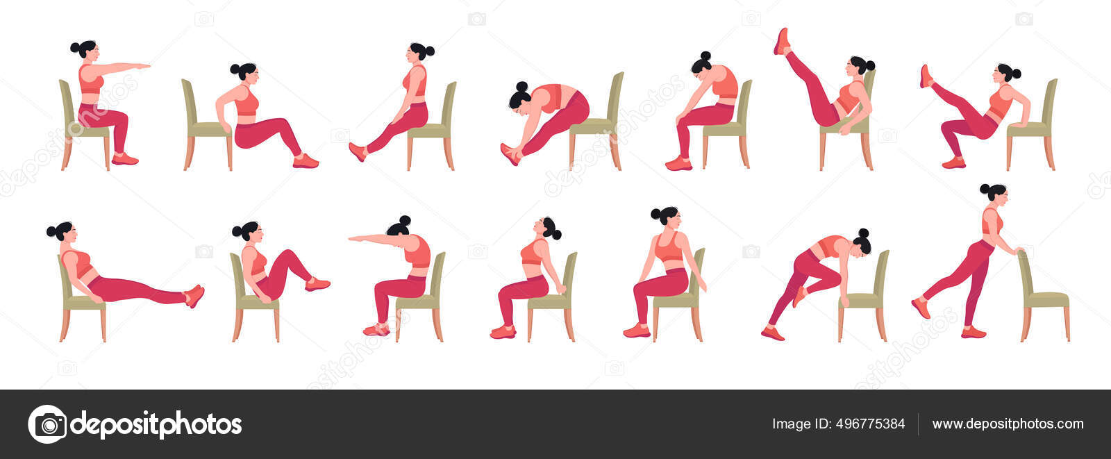 Chair Stretching Exercises Set Woman Doing Fitness Yoga Exercises Chair ...