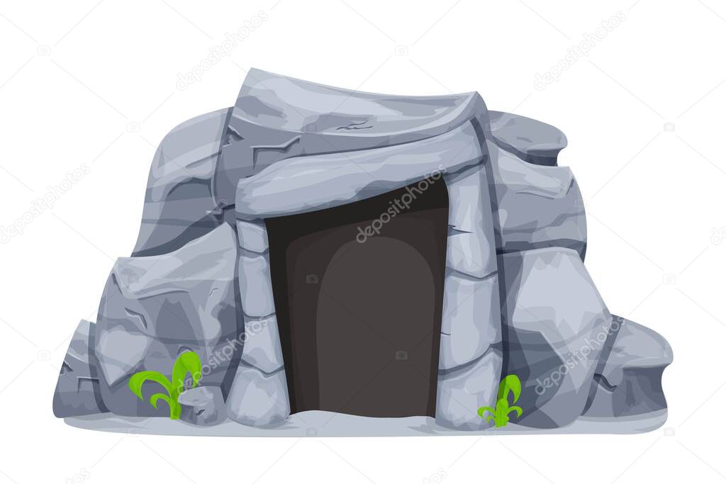 Cueva de edad de piedra de rocas en estilo de dibujos animados aislados sobre fondo blanco ...