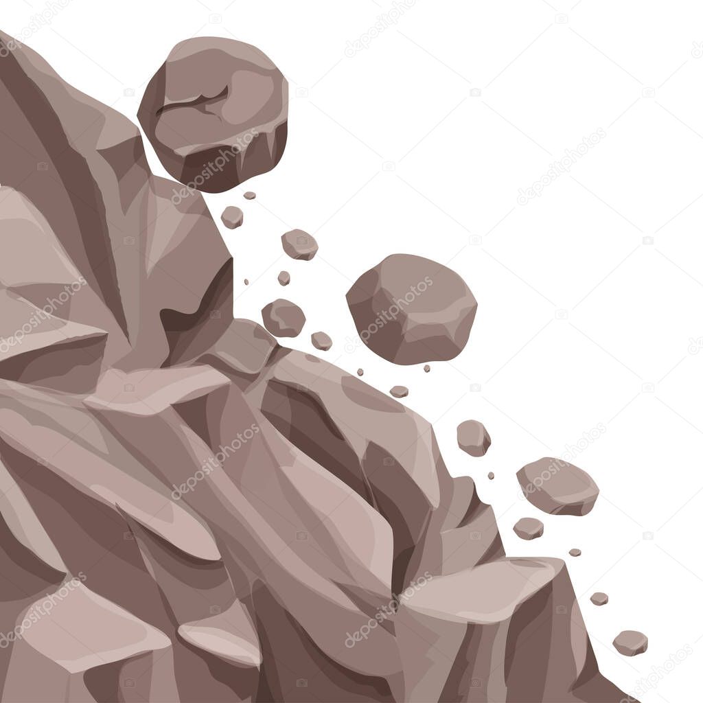 Deslizamiento de montaña con rocas que caen, piedras en estilo plano de ...