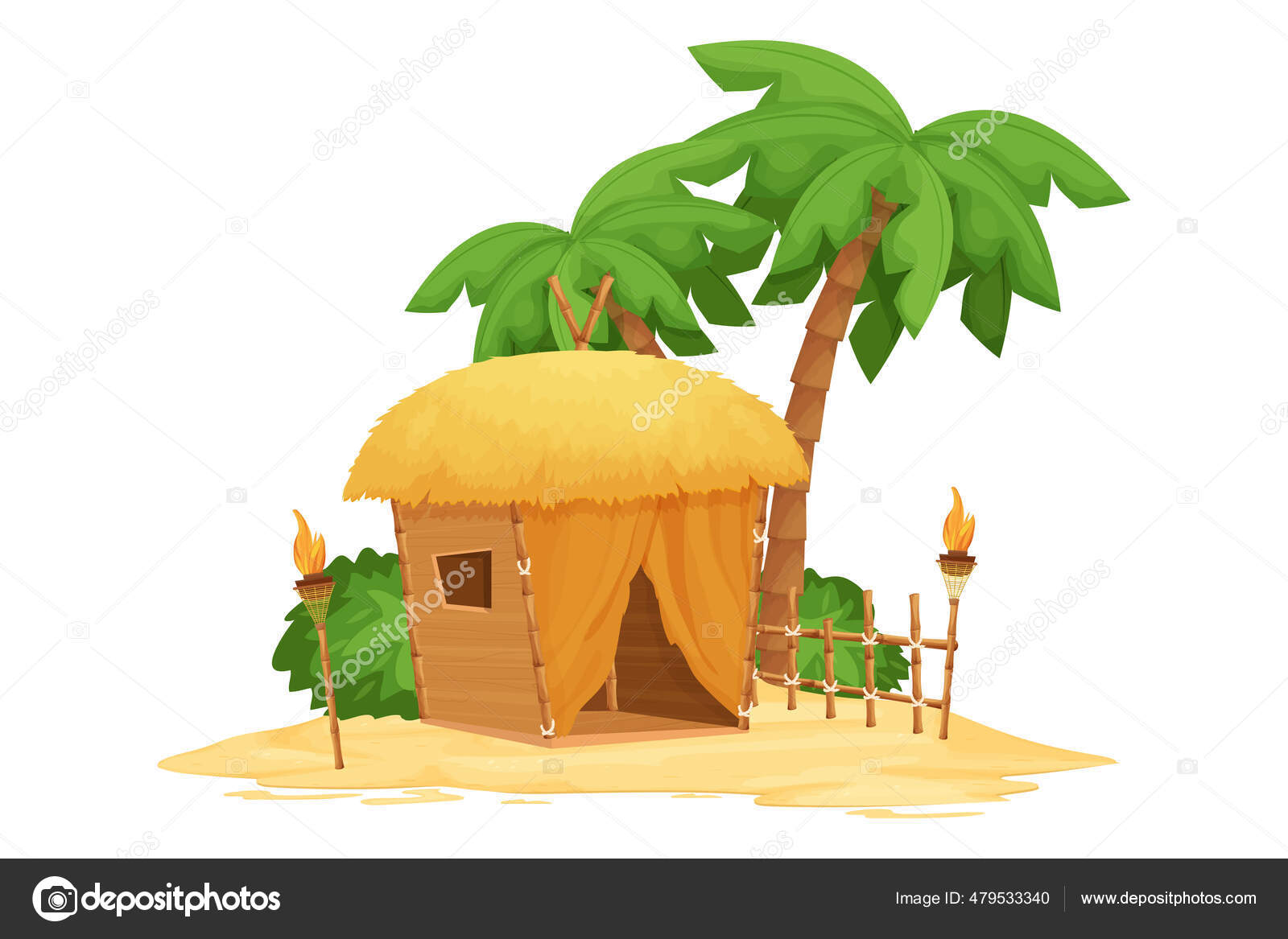 Beach bungalow, tiki hut with straw roof, bamboo and wooden details on ...
