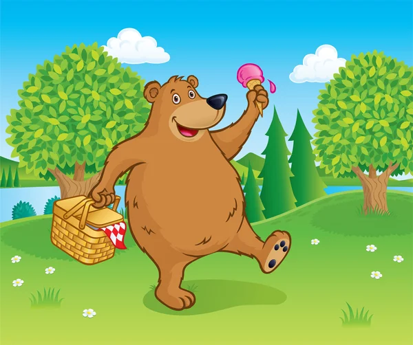 Bear Walking with Picnic Basket Near A Lake - Stock Image - Everypixel