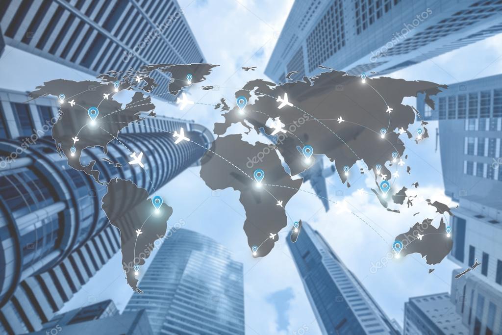 Map of flight routes airplanes network use for global travel, im ...