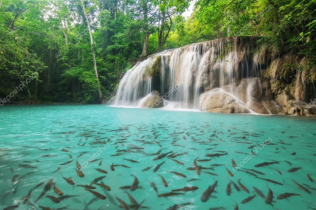 Level two of Erawan Waterfall in Kanchanaburi Province, Thailand ...
