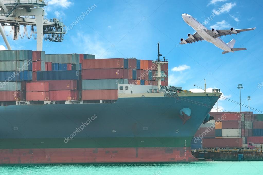 A flying plane and a freight ship on transport background — Stock Photo ...