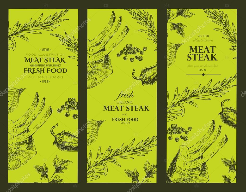 Vector meat steak sketch drawing menu designer template. banner food ...