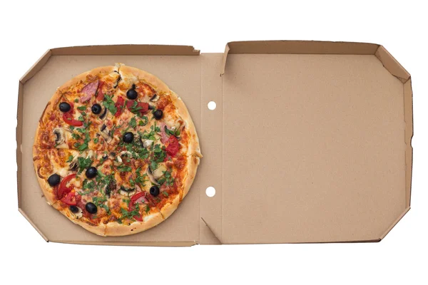 Delivery box with delicious pizza on white background. Stock Photo by ...