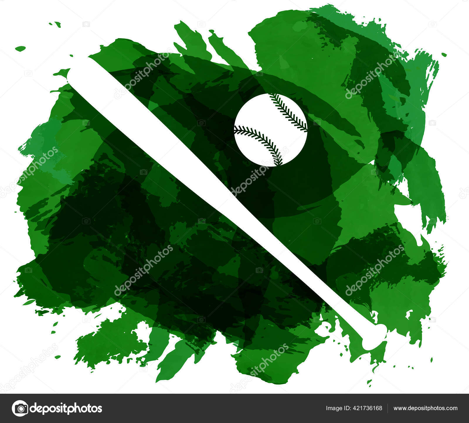Abstract Green Watercolor Splashes Baseball Equipment Silhouettes White ...