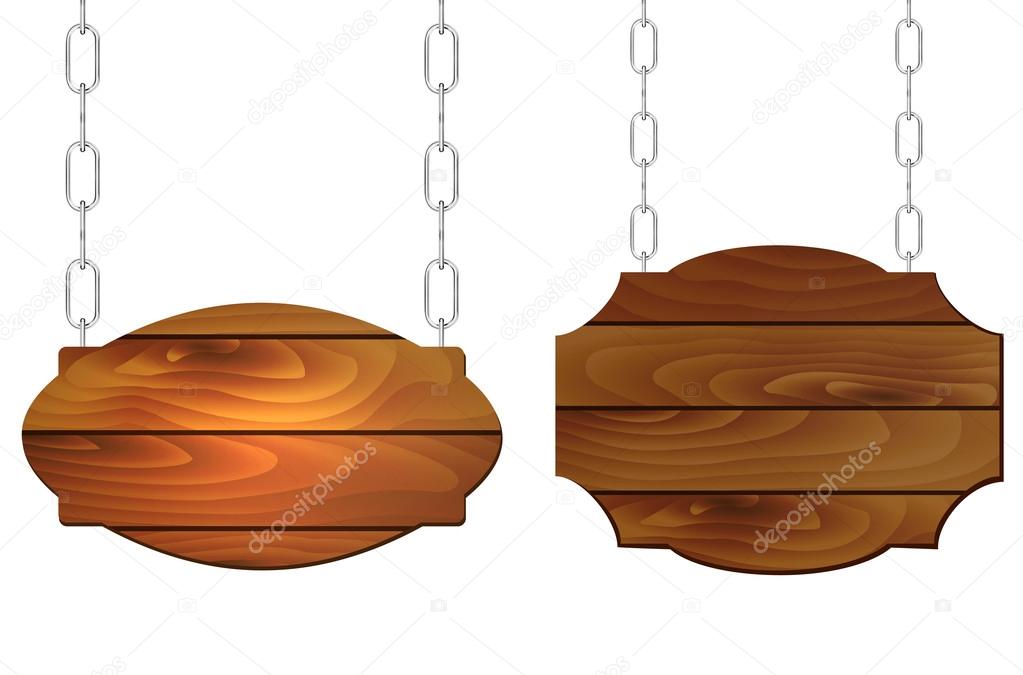 Hanging wooden signs on metal chain with place for text — Stock Vector ...