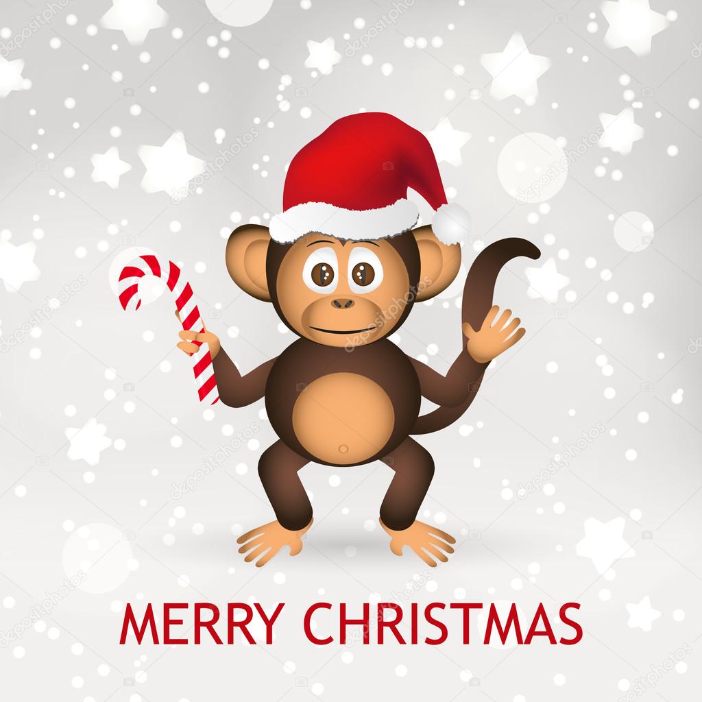 Cute chimpanzee little monkey with santa hat merry christmas card eps10 ...