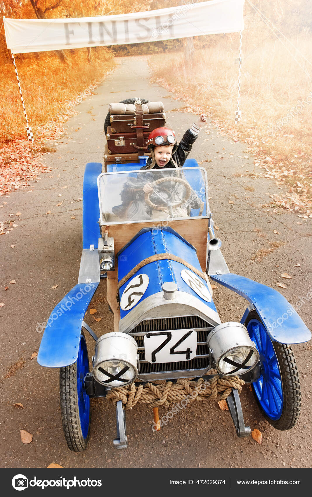 Little Boy Image Racer Finished Old Race Car Autumn Park – Stock ...