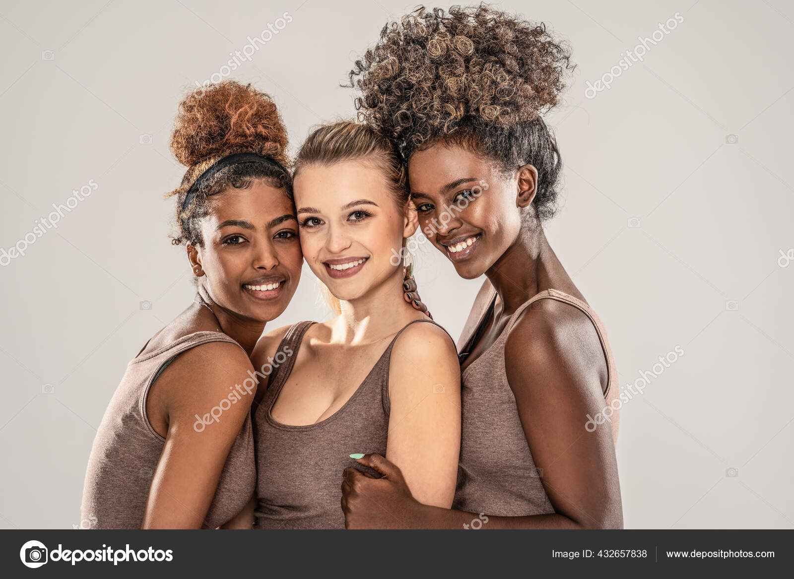 Portrait Three Beautiful Smiling Multicultural Young Women Standing ...