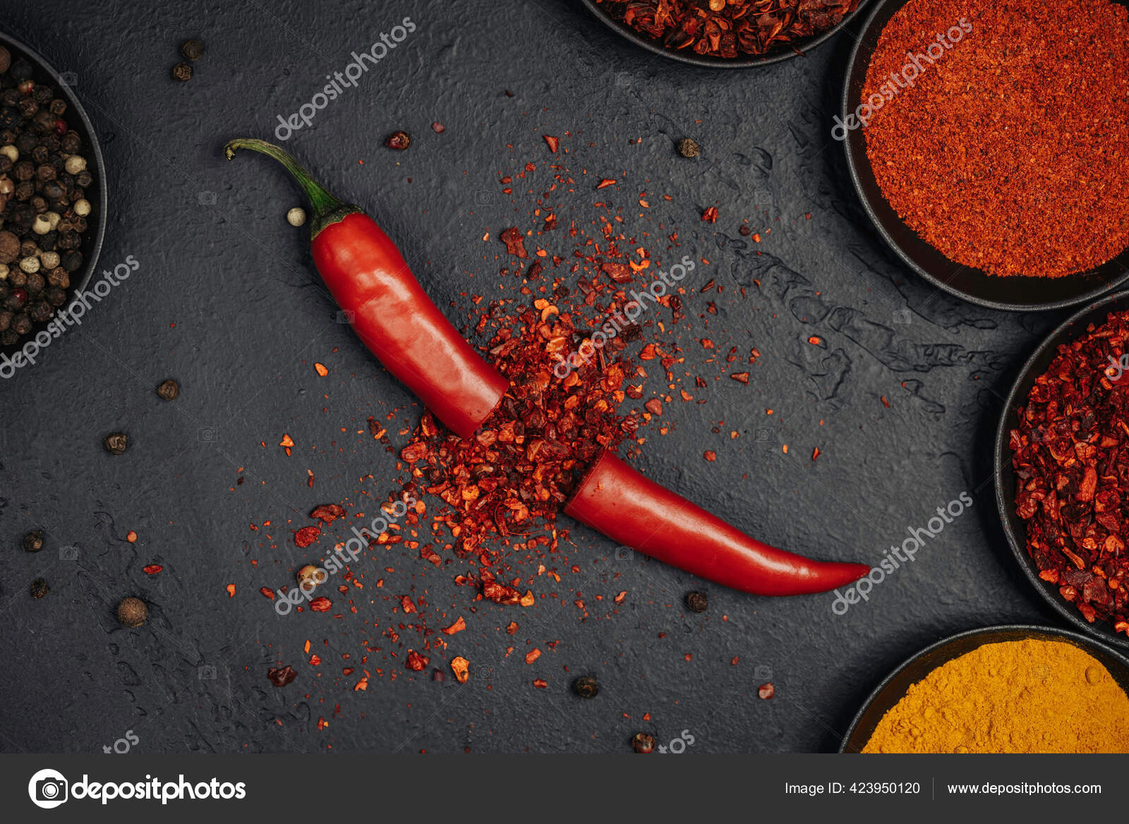 Red Chili Exploded Small Pieces Pepper Bowl Colored Pepper Ground Stock ...