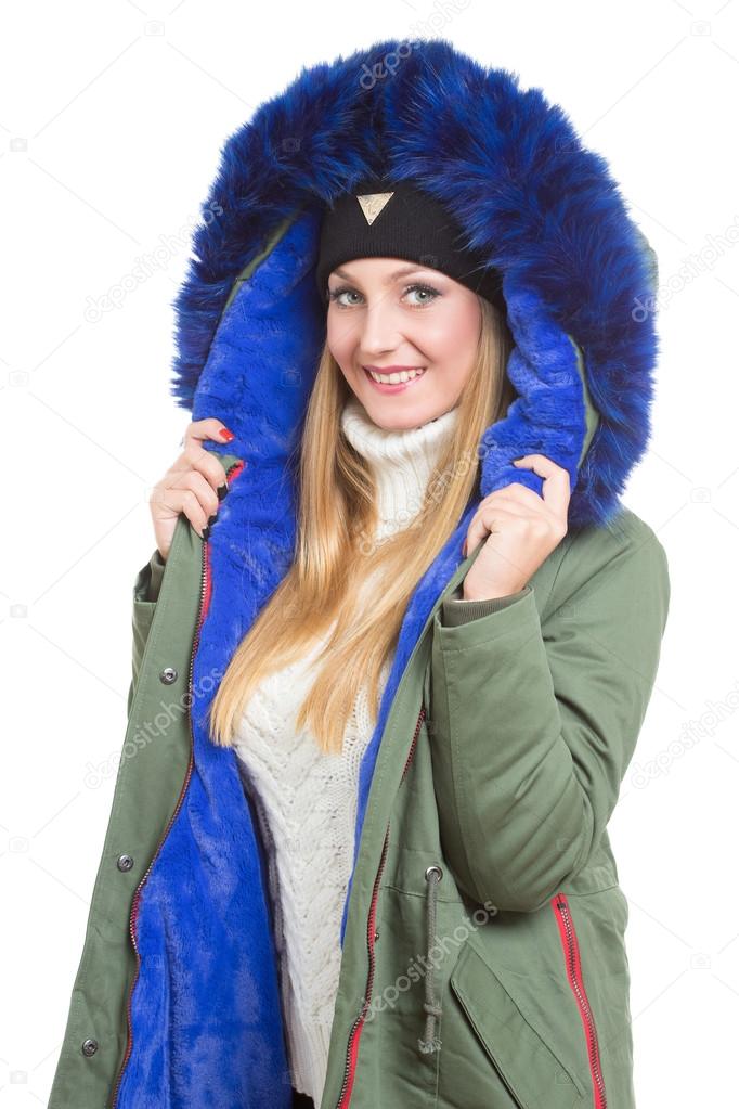 Woman wearing winter jacket scarf and cap — Stock Photo © kopitin #90221660