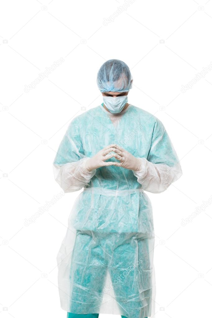 Surgeon portrait. isolated on white background. focuses on reflection ...
