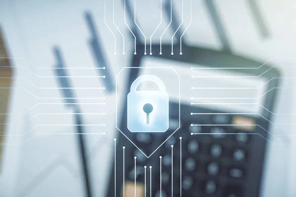 Virtual creative lock symbol and microcircuit illustration on ...