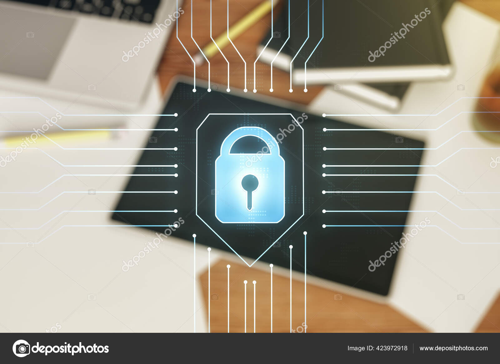 Creative lock sketch with chip hologram and modern digital tablet on ...