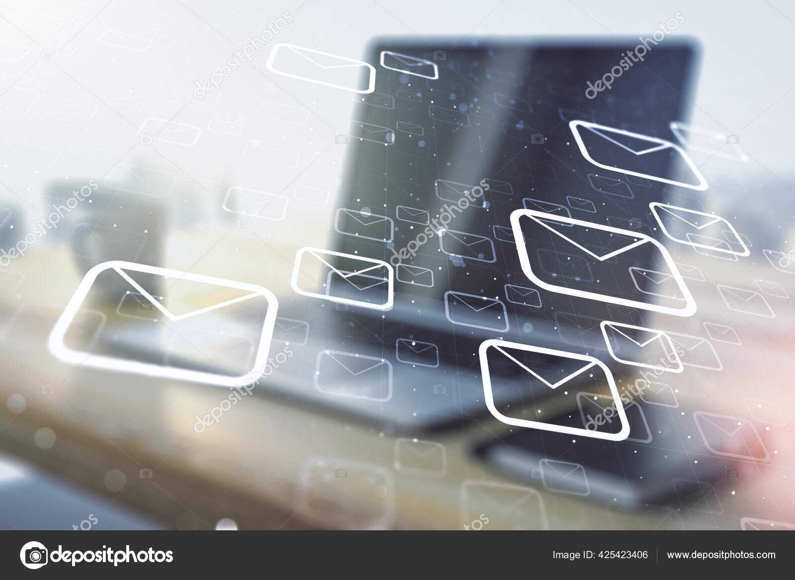 Creative concept of postal envelopes illustration and modern desktop ...