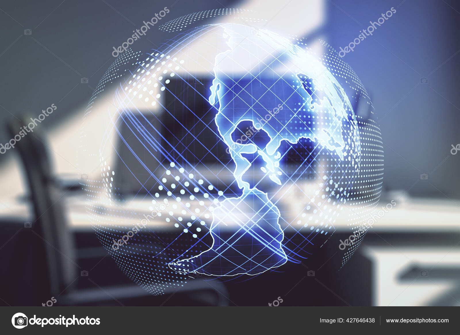 Digital America map and modern desktop with pc on background, global ...