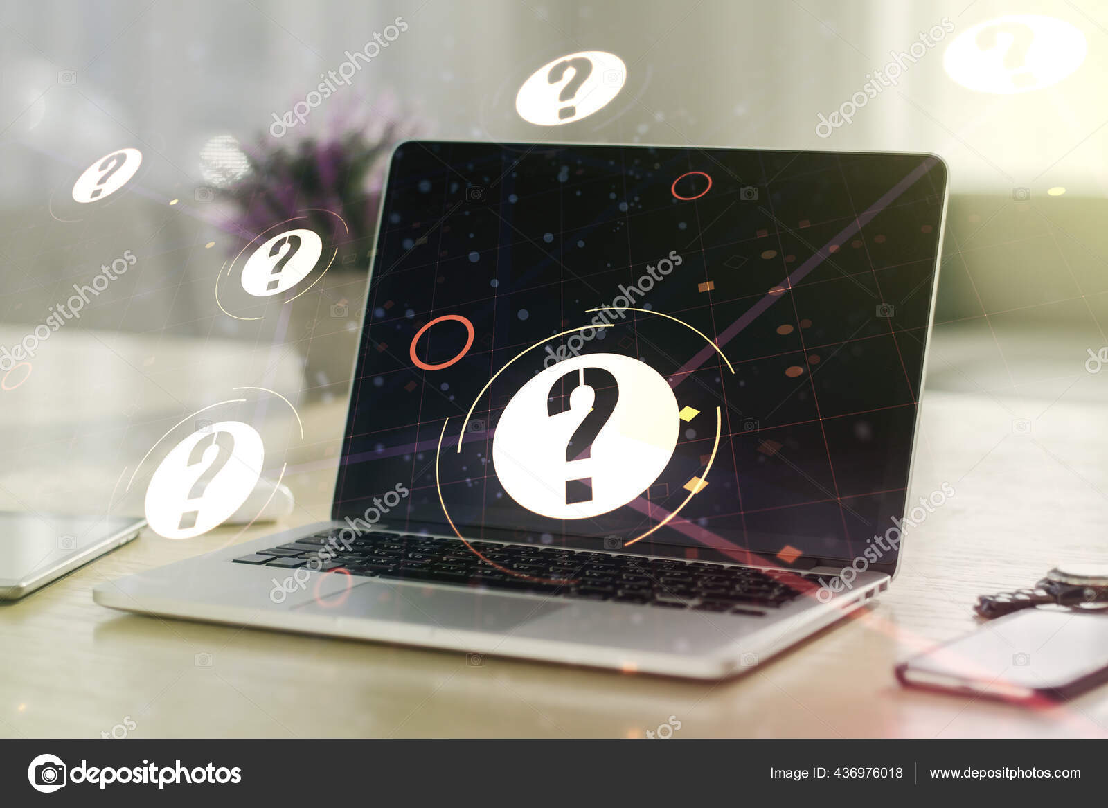Creative abstract question mark sketch on modern laptop background, FAQ ...