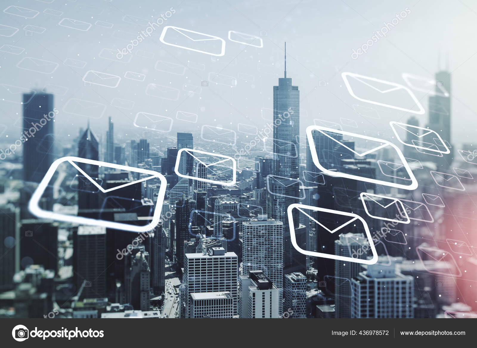 Abstract virtual postal envelopes hologram on Chicago cityscape ...