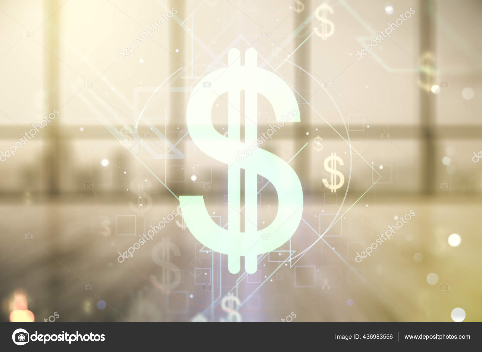 Virtual USD symbols illustration on empty corporate office background ...