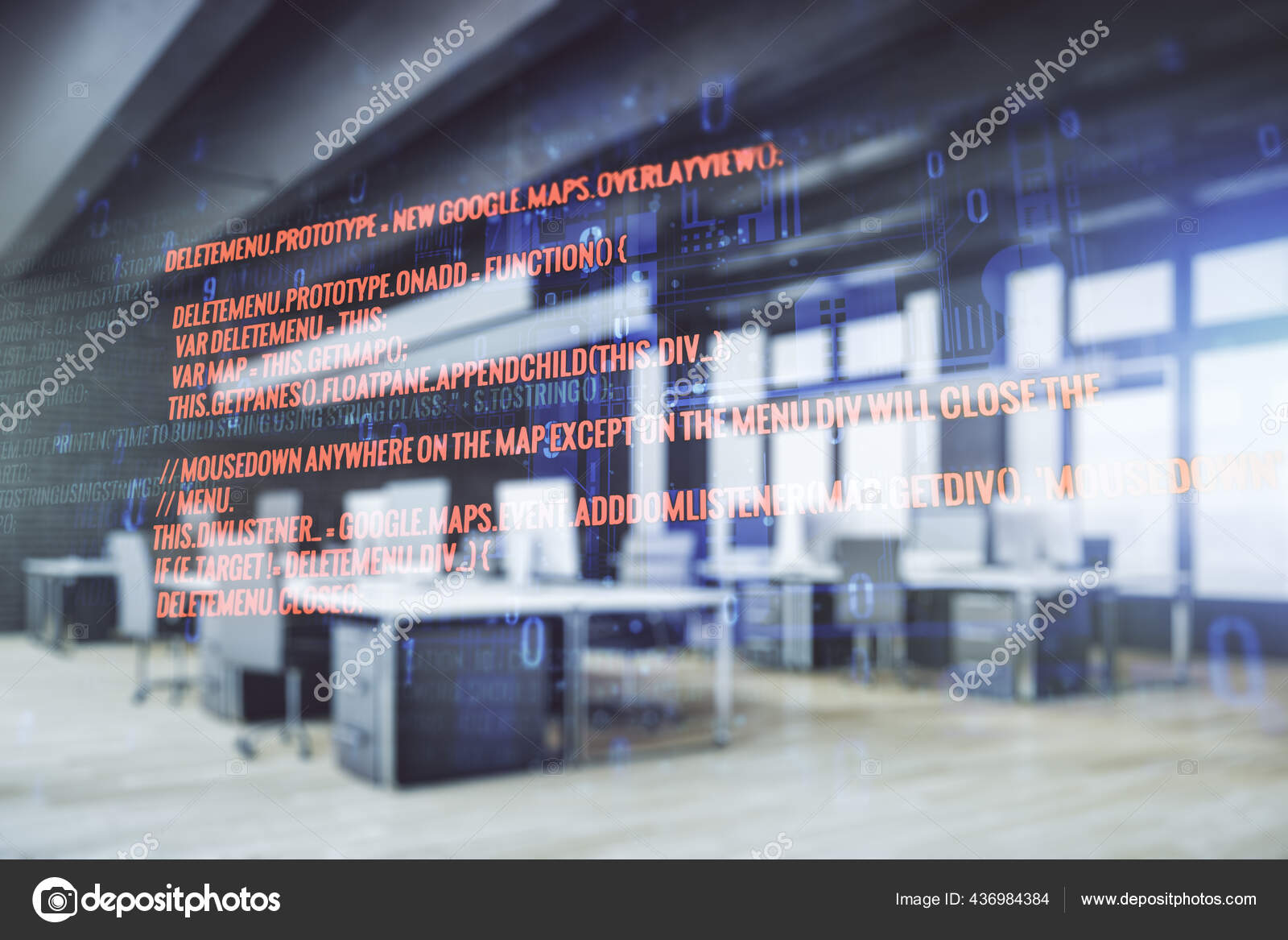 Multi exposure of abstract programming language hologram on a modern ...