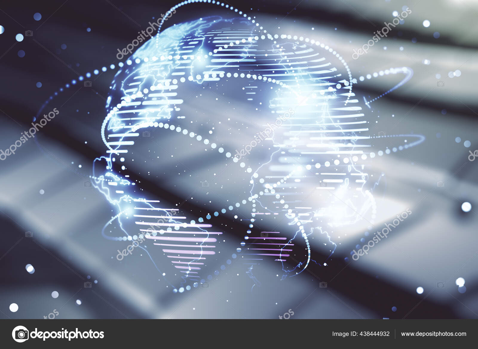 Abstract graphic digital world map hologram with connections on ...