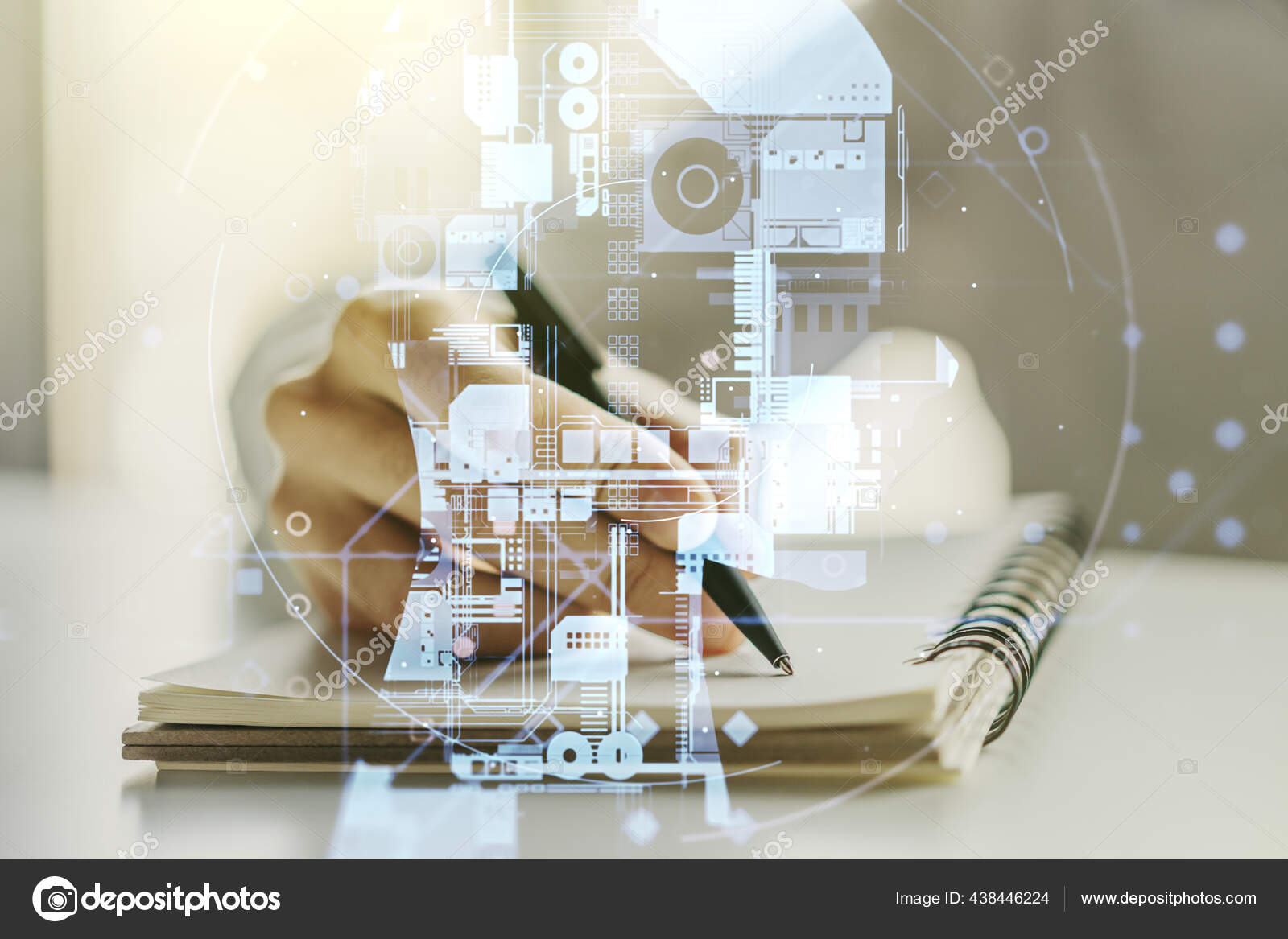 Double exposure of creative human head microcircuit with man hand ...
