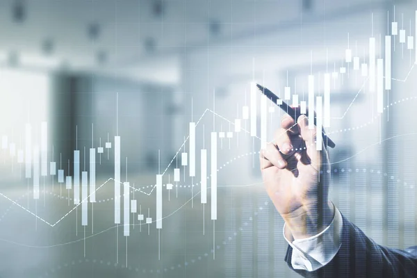 Multi exposure of analyst hand with pen working with virtual abstract ...