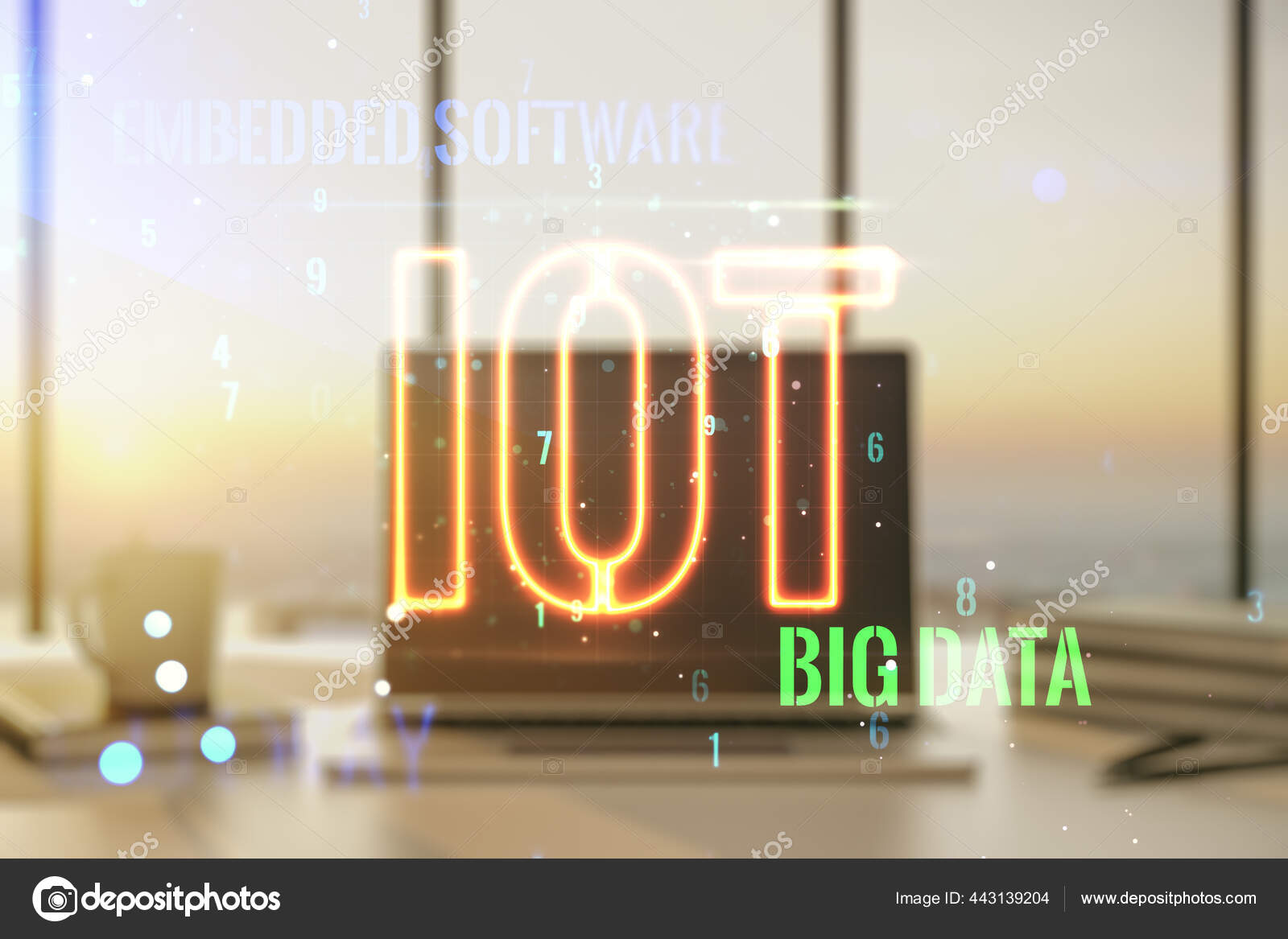 Double exposure of creative IOT hologram on laptop background, research ...