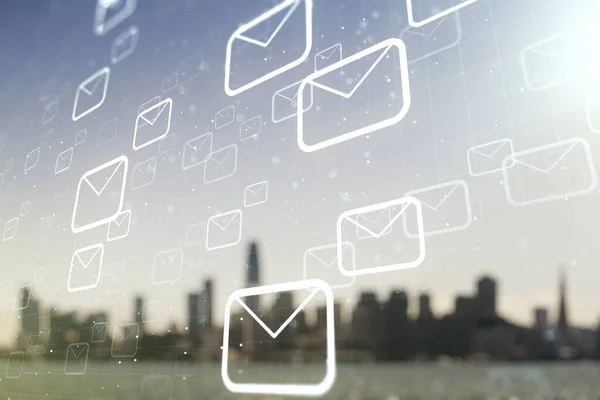 Abstract virtual postal envelopes sketch on empty room interior ...