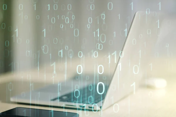 Creative abstract binary code hologram on modern computer background, AI and machine learning ...