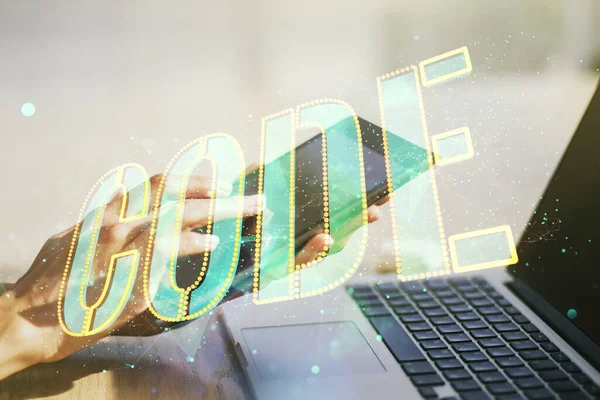 Creative Code word hologram on modern computer background, artificial ...
