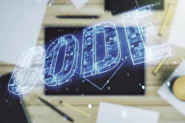 Creative Code word hologram on modern computer background, artificial ...
