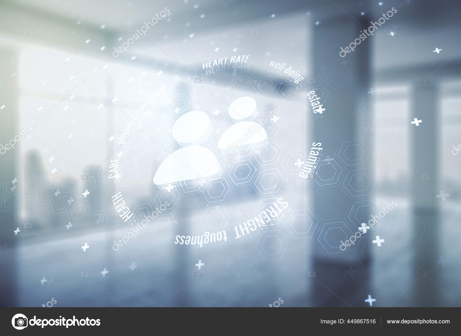 Abstract virtual people icons hologram on modern interior background ...