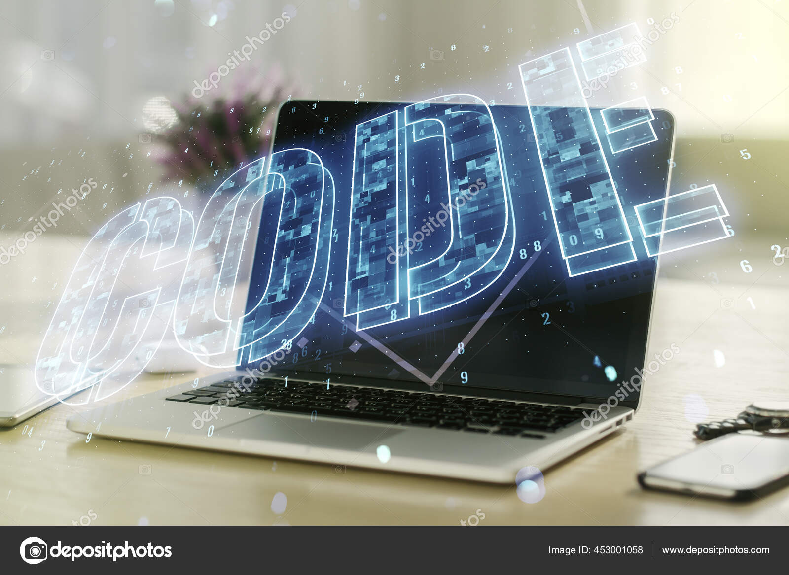 Creative Code word hologram on modern computer background, artificial ...