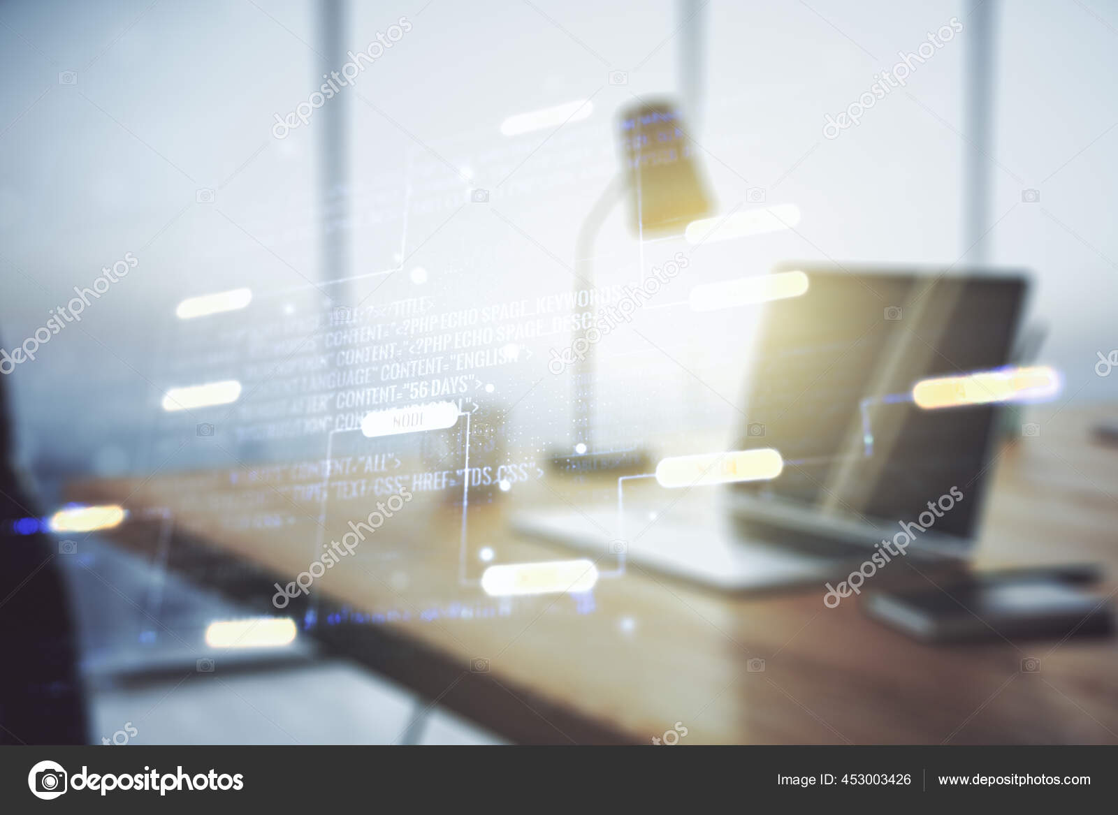 Multi exposure of abstract programming language hologram on computer ...