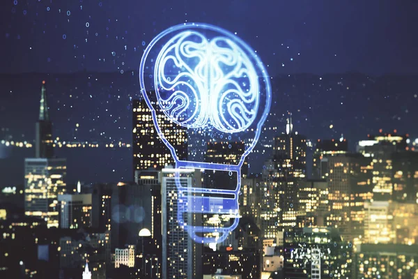 Abstract virtual light bulb illustration with human brain on San ...