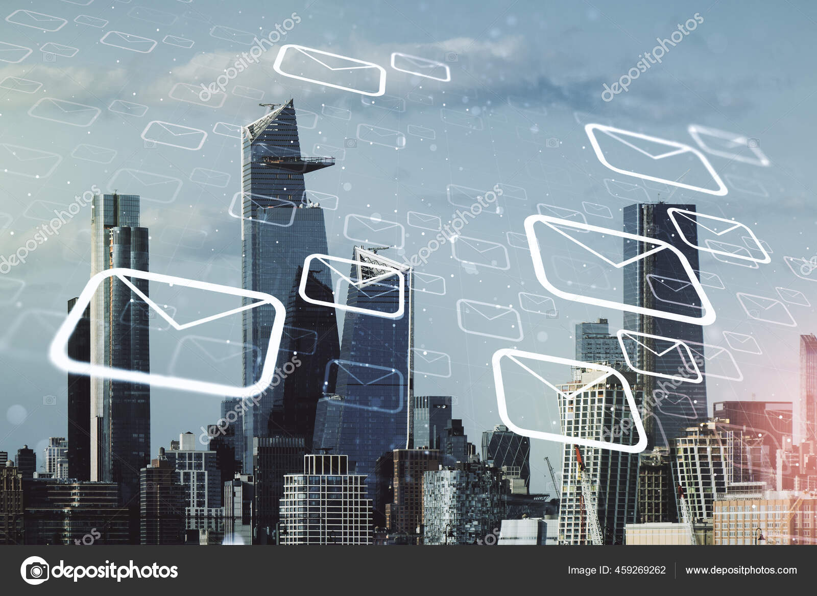 Abstract virtual postal envelopes illustration on New York city skyline ...