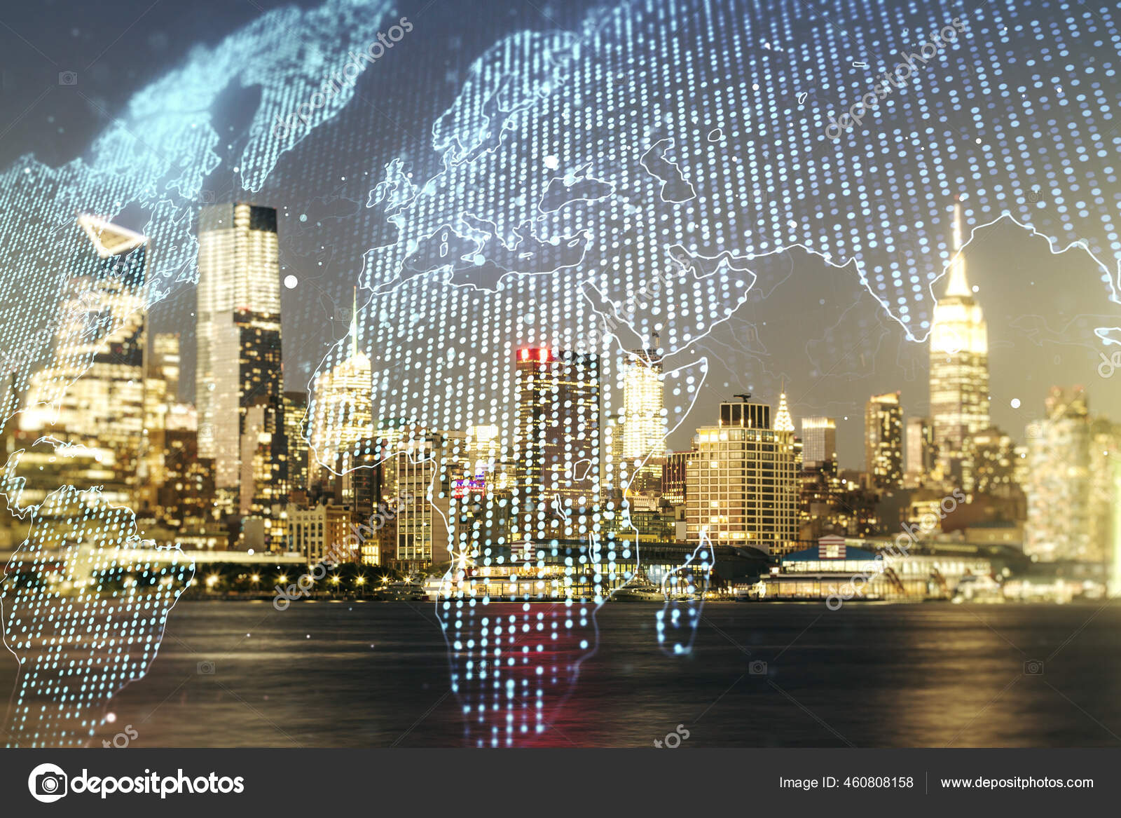 Double exposure of abstract digital world map on New York city ...