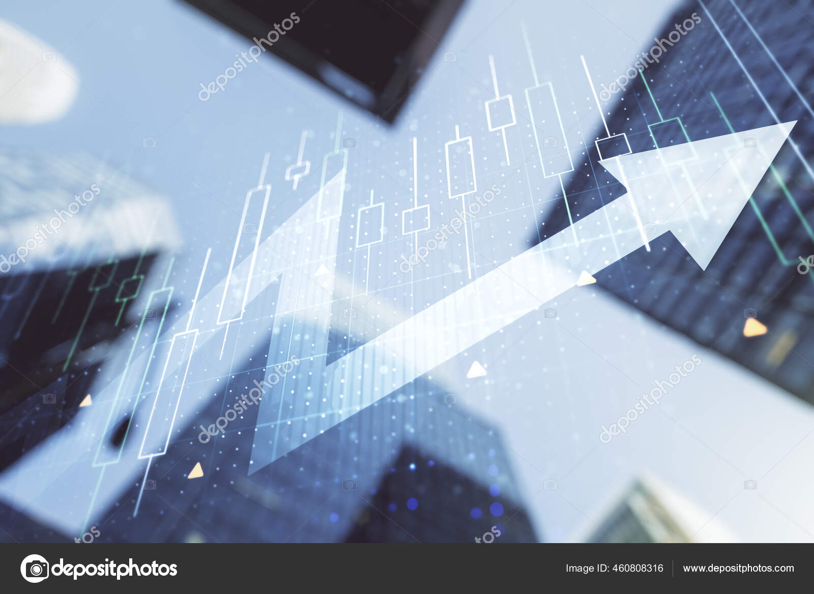 Abstract creative financial diagram and upward arrow hologram on blurry ...