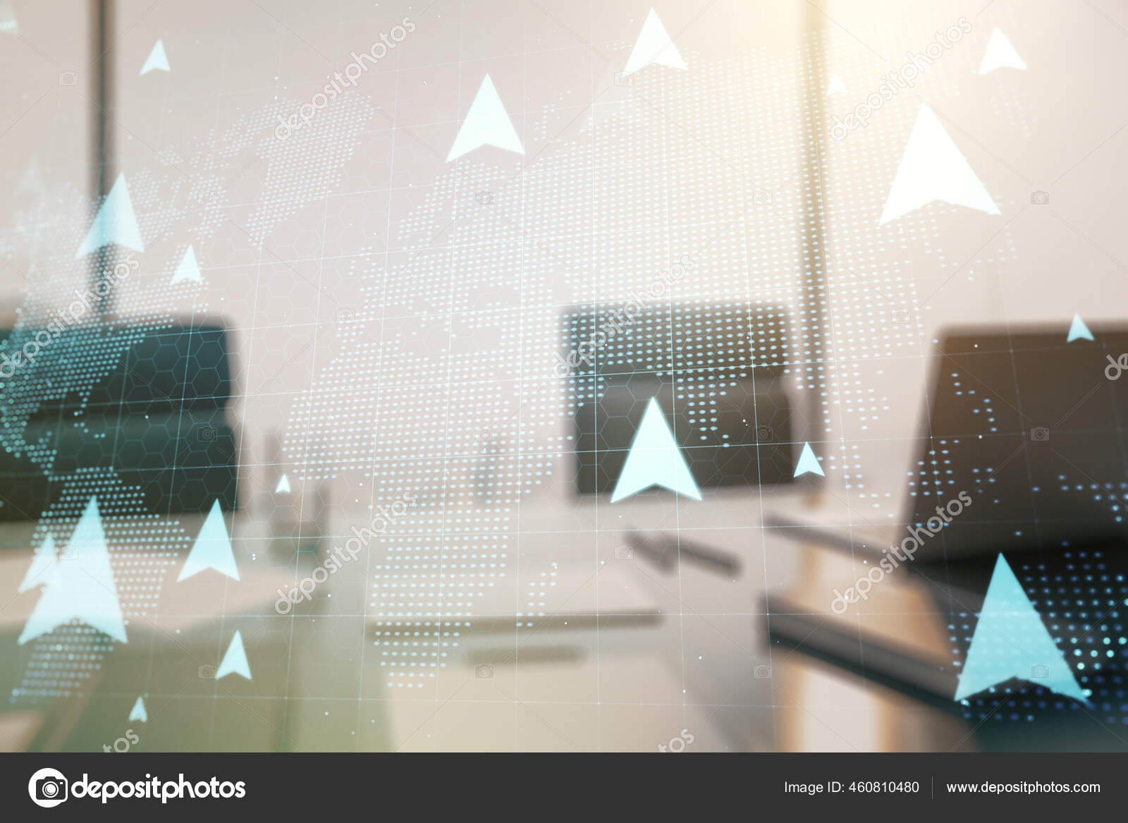 Creative concept of geolocations map and modern desktop with computer ...