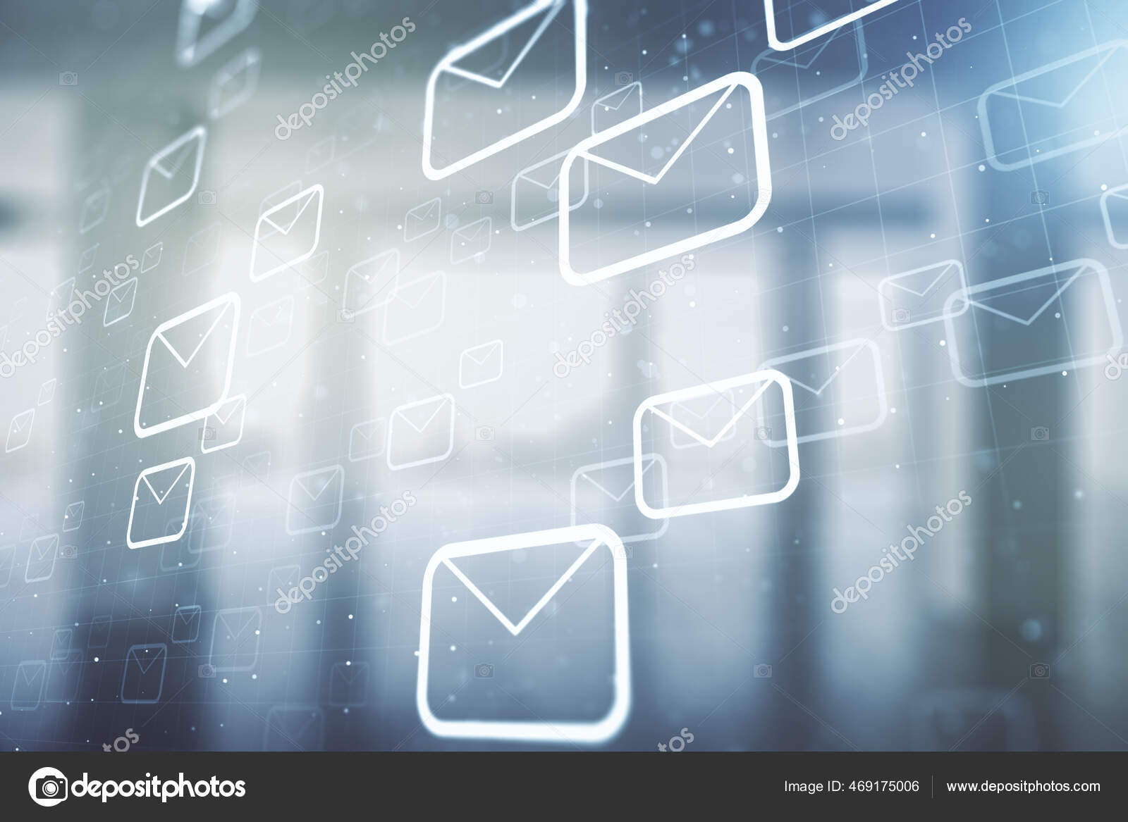 Abstract virtual postal envelopes illustration on empty corporate ...