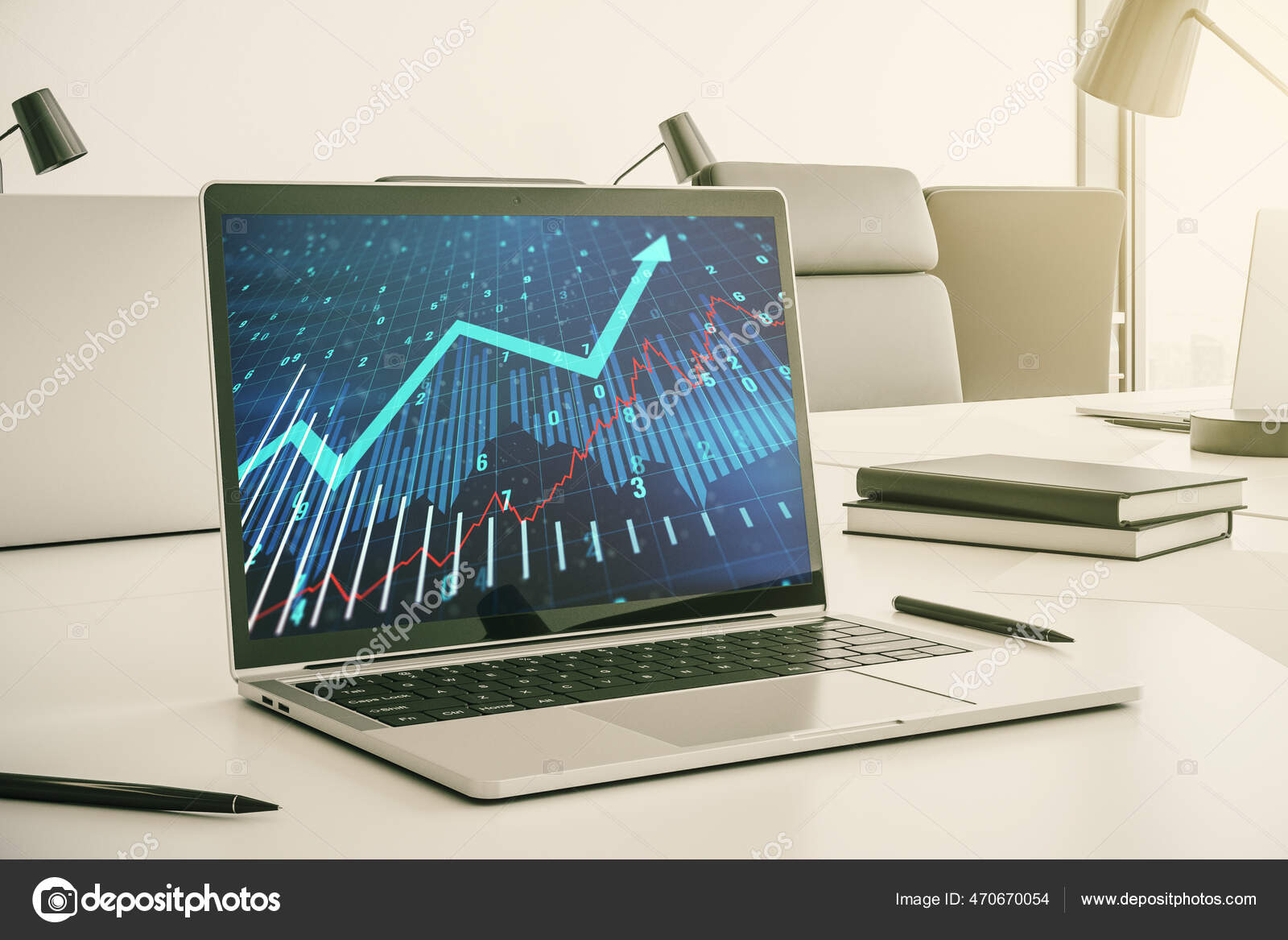 Modern computer display with abstract financial graph and upward arrow ...