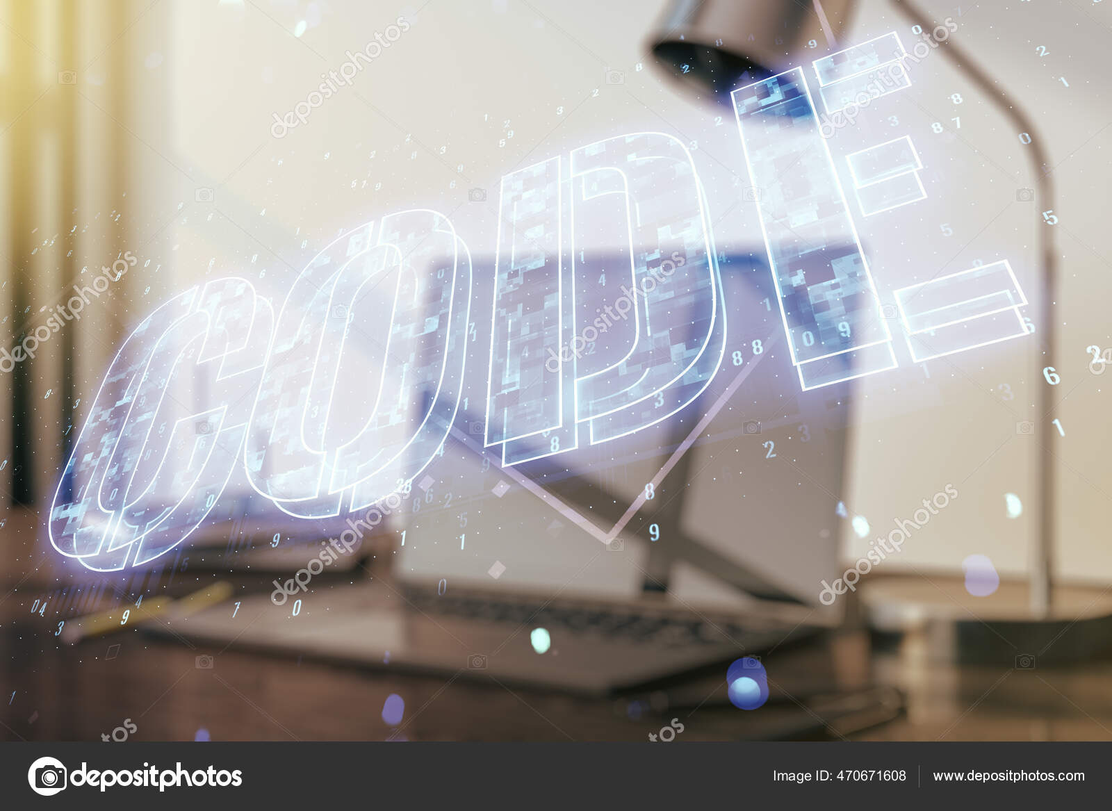 Creative Code word hologram on modern computer background, artificial ...